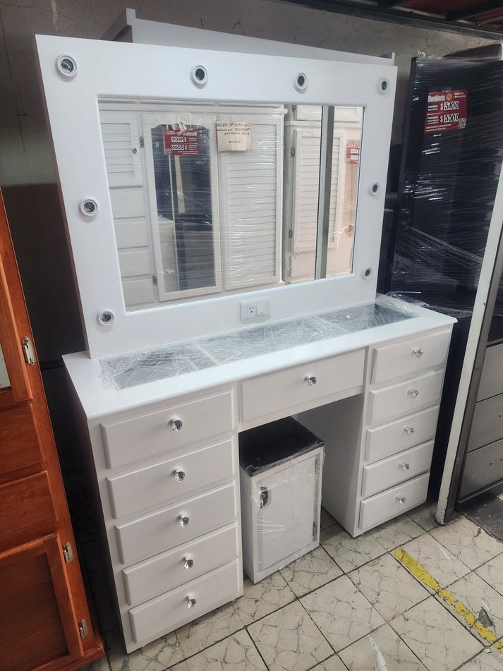 Tocador Vanity tipo Hollywood Gustavo con vidrio – Muebleria Paty